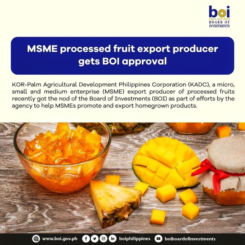 MSME processed fruit export producer gets BOI approval - THEPHILBIZNEWS